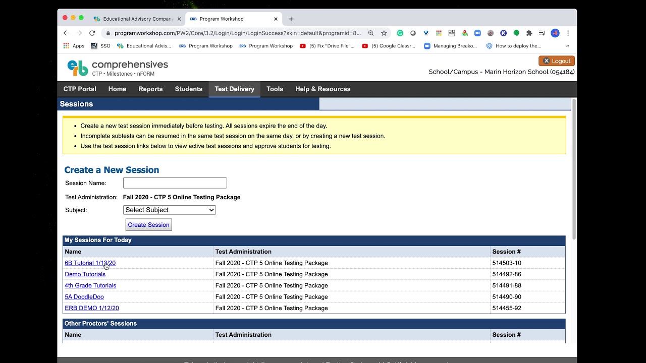 ERB Online Walkthrough for Proctors: How to Create A Session for each ...