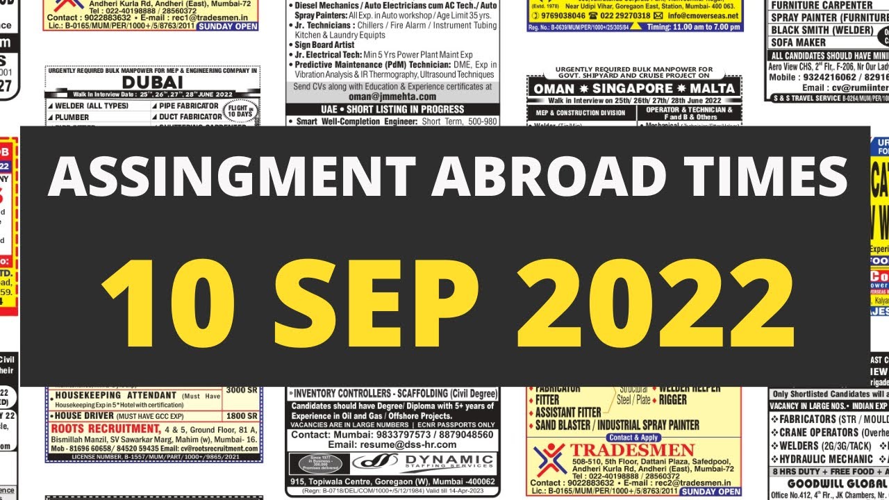 Assignment Abroad Times Today, 10 Sep 2022, Gulf Jobs, Assignments ...