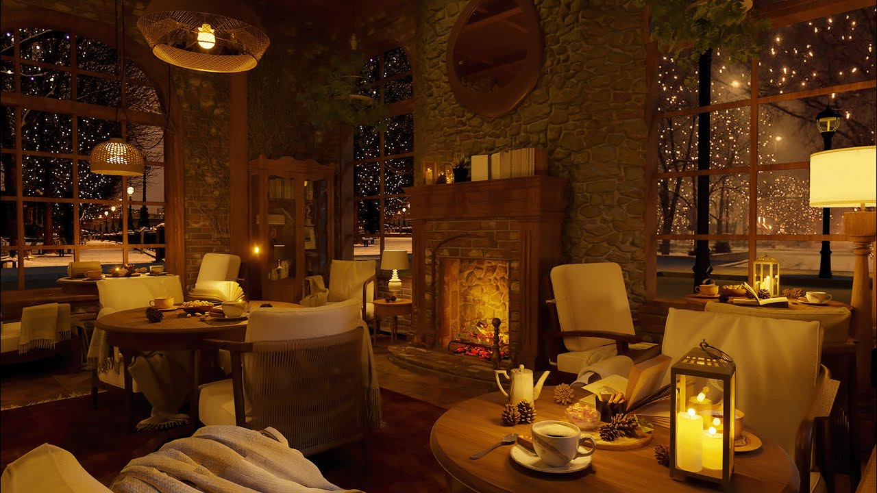Warm coffee shop with fireplace sound | Calm piano jazz music for relax ...