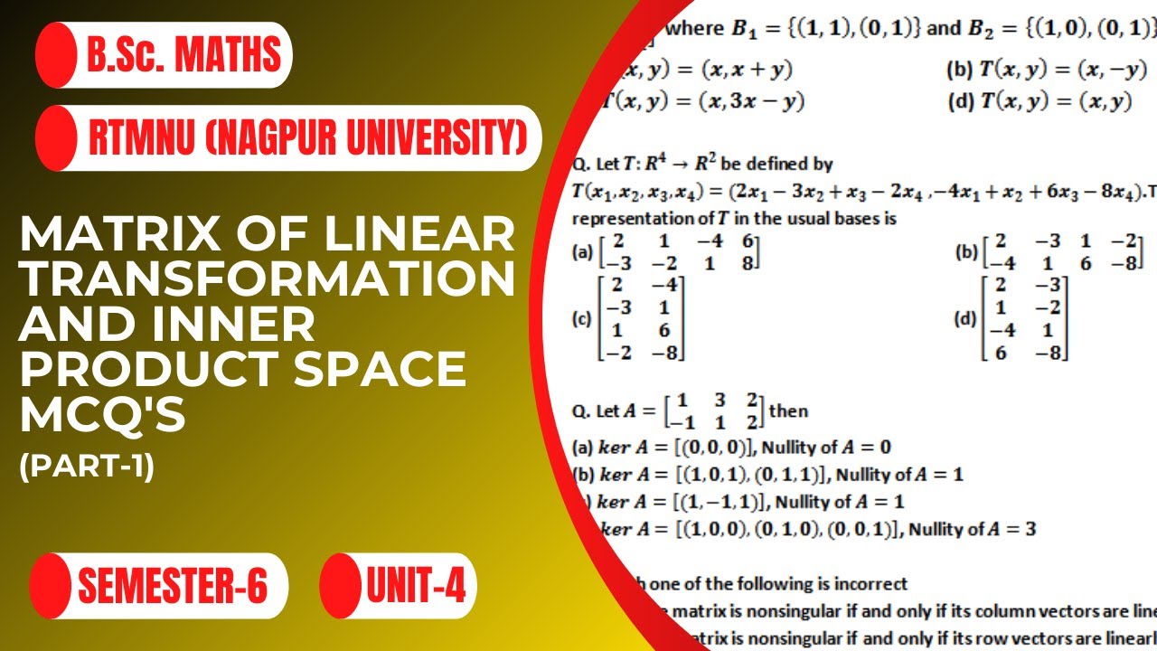 Matrix of Linear Transformation and Inner Product Space MCQ's | Part-1 ...