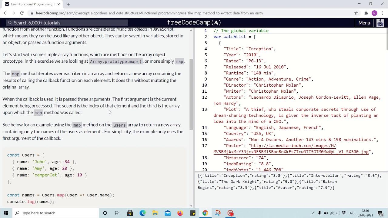 Tutorial 7 - use the map method to extract data from an array - freecodecamp - YouTube