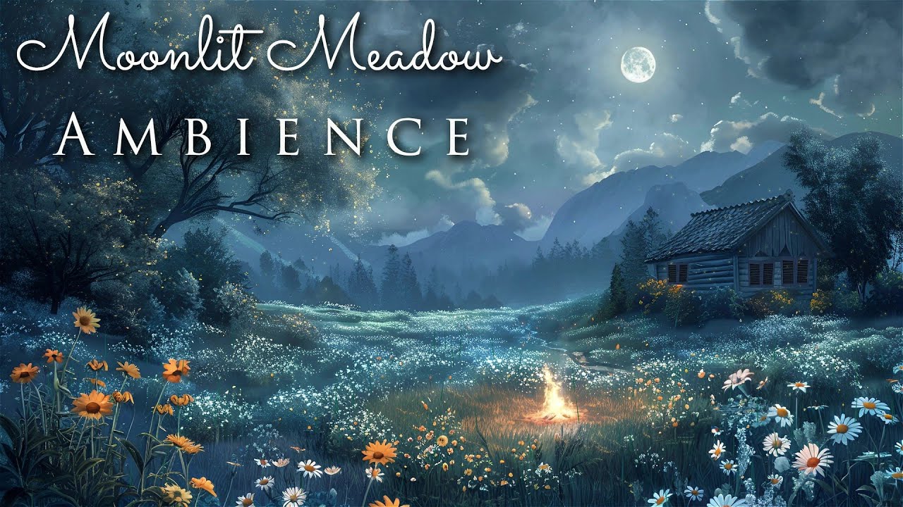 Moonlit Spring Meadow Ambience 🌜🔥 Campfire Sounds, Rustling Field and ...