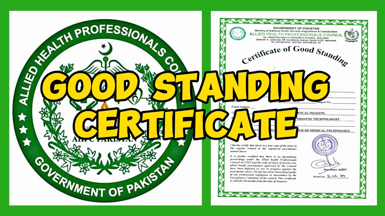Good Standing Certificate | AHPC Gov. of Pakistan | Allied Health ...