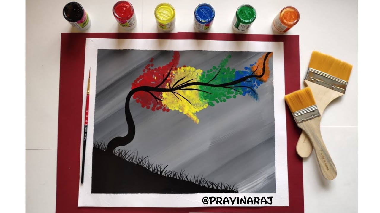 RAINBOW WILLOW TREE WITH GREY BACKGROUND🌈 | ACRYLIC PAINTING FOR ...