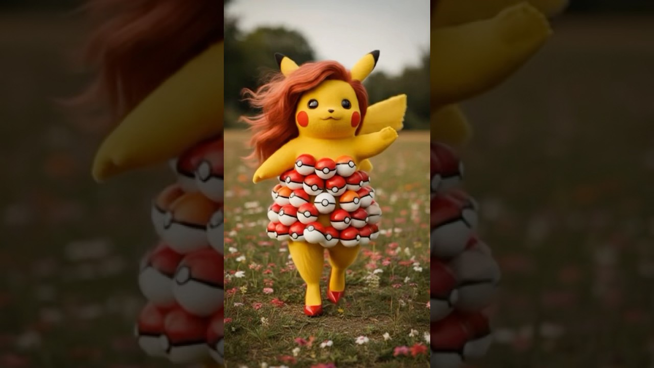 Pikachu wearing red high heels, a dress made from pokeballs with long ...