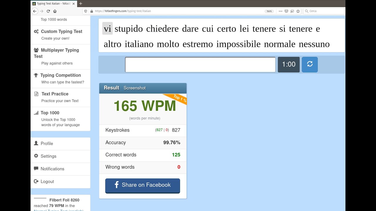 165 WPM - 10FastFingers - Typing Test Italian - YouTube