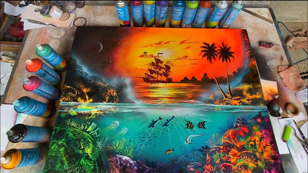 Sunset underwater pirate ship spray paint - YouTube