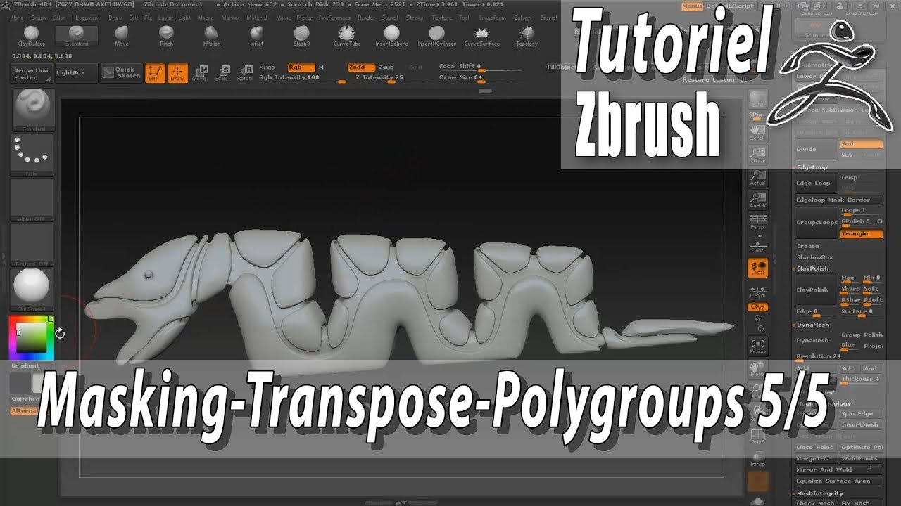 tutorial zbrush - 5/5: Masking, Polygroups, transpode. - YouTube