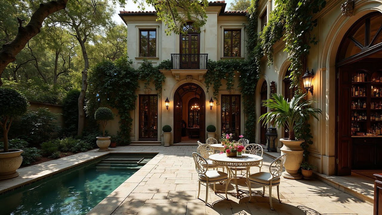 Relaxing Smooth Jazz • Cozy Courtyard Pool Cafe Ambience For Work ...