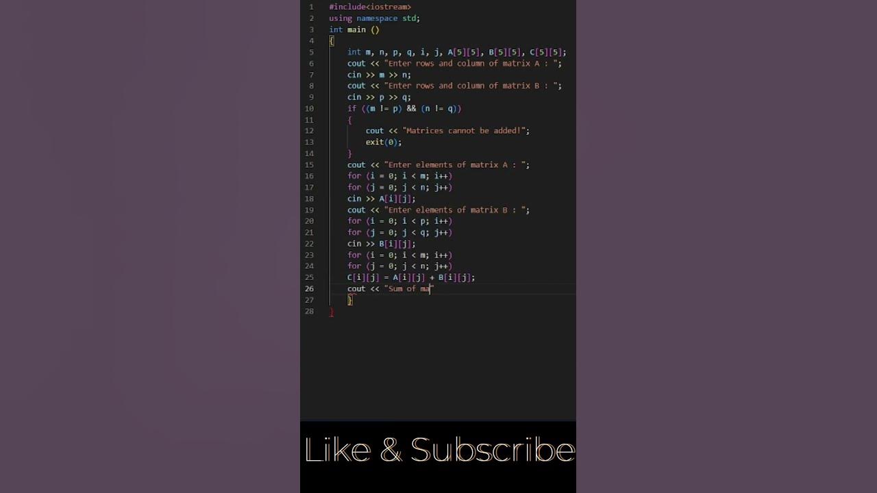 Matrix Addition Using C Coding Algorithm Cpp Dsa Array Datastructures Programming 