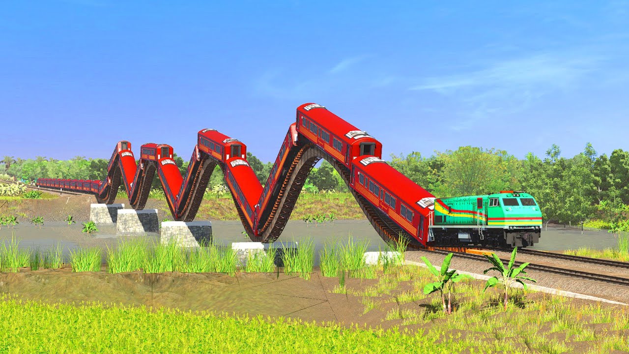 3 TRAINS CROSSING ON WAVY RAILROAD BRIDGE-RISKY BUMPY RAILROAD TRACK #53 | Trainz Simulator 2019 ...
