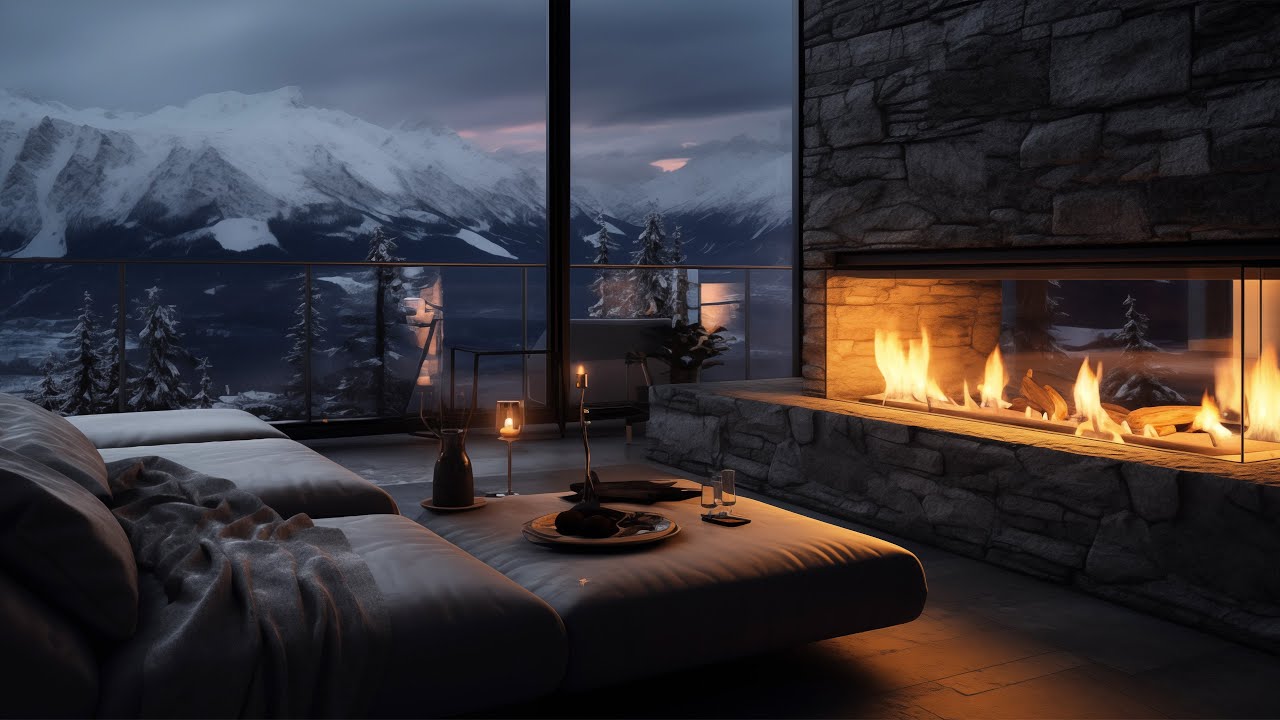 Winter Lodge Ambience - Long 🔥 Fireplace with Crackling Fire and View ...