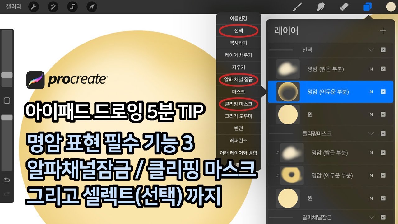 명암 넣을 때 필수 기능 알파채널잠금 클리핑마스크 셀렉트 아이패드드로잉 Tip 프로크리에이트 Youtube