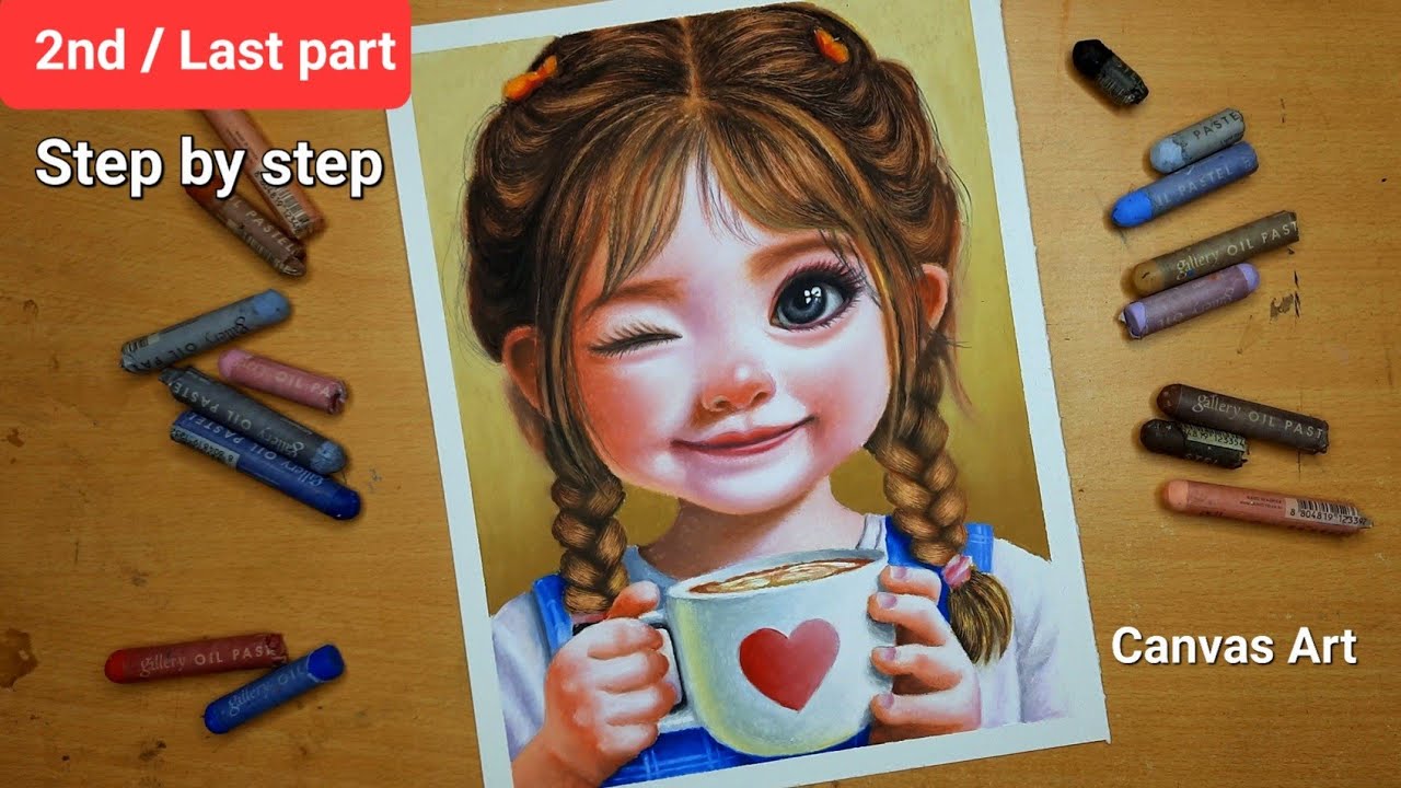 Oil pastel portrait painting process step by step | A cute girl (Part-2 ...