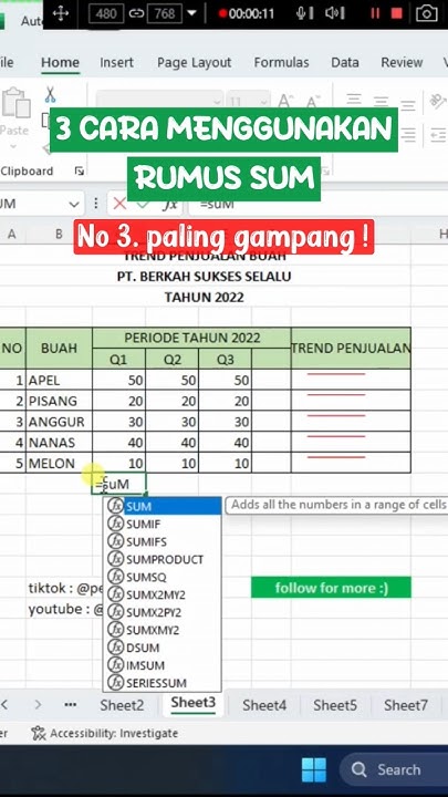 3 cara rumus sum d excel #excel #exceltips #exceltutorial #exceltricks #excelformula # ...