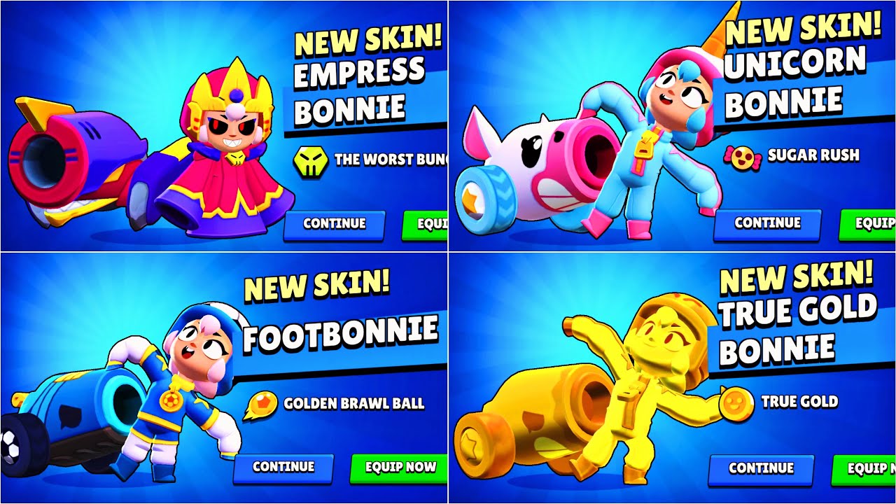 Bonnie All Skins Unlock Animations Brawl Stars Youtube