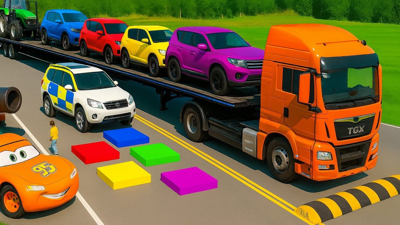 Double Flatbed Truck Transformation | McQueen vs 5 Cars | Cartoon ...