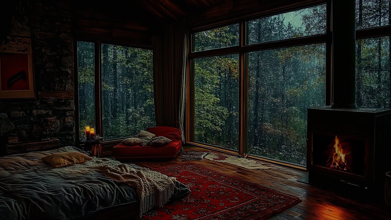 Dark Room Ambiance: Rain on Window, Distant Thunder & Cozy Fireplace ...