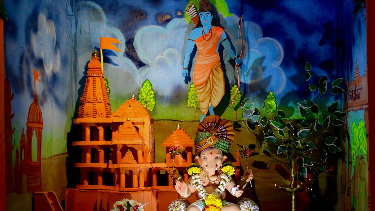 Home ganpati decoration Ram Mandir Ayodhya 2023 | Cute Bappa Mumbai ...