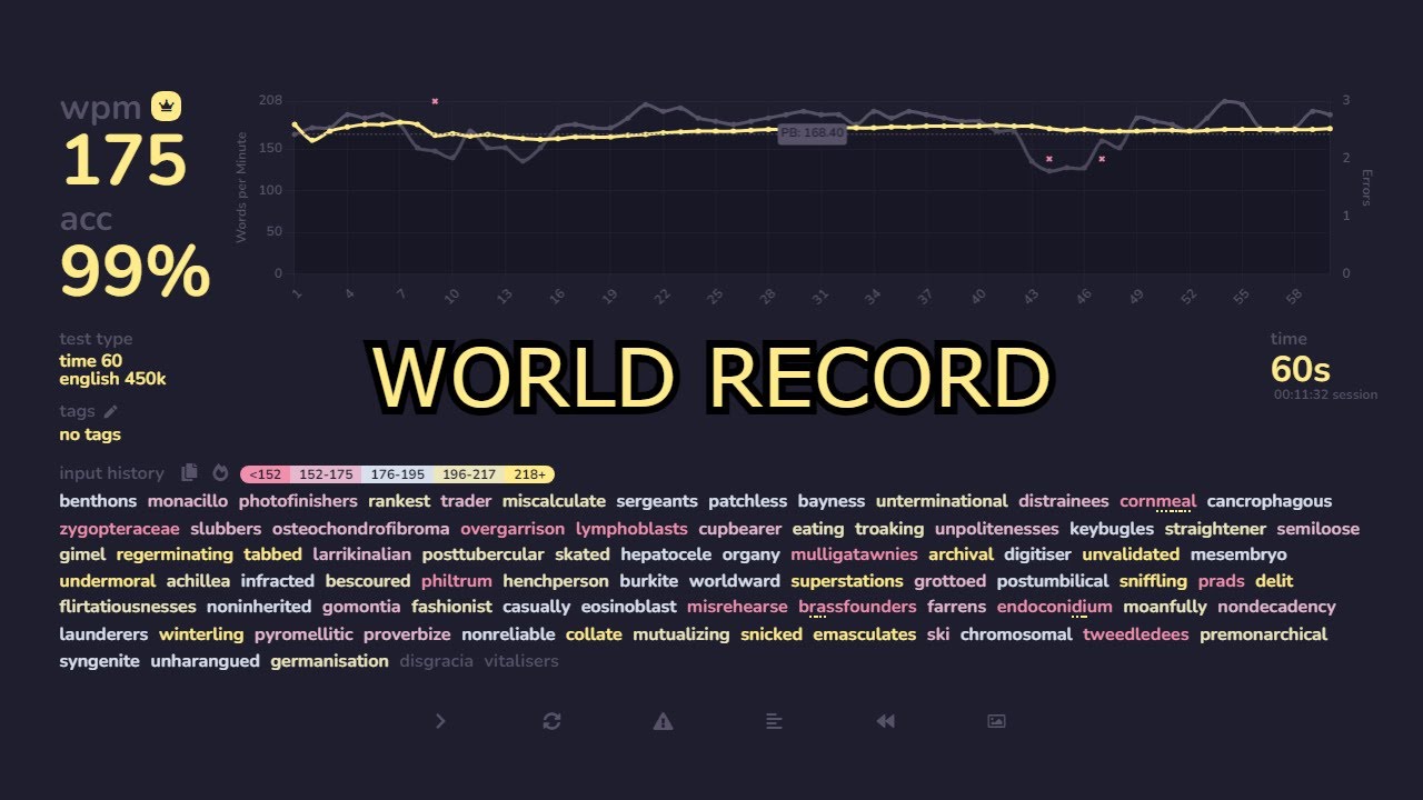 175 WPM Monkeytype - English 450k 60s (WORLD'S FIRST) - YouTube