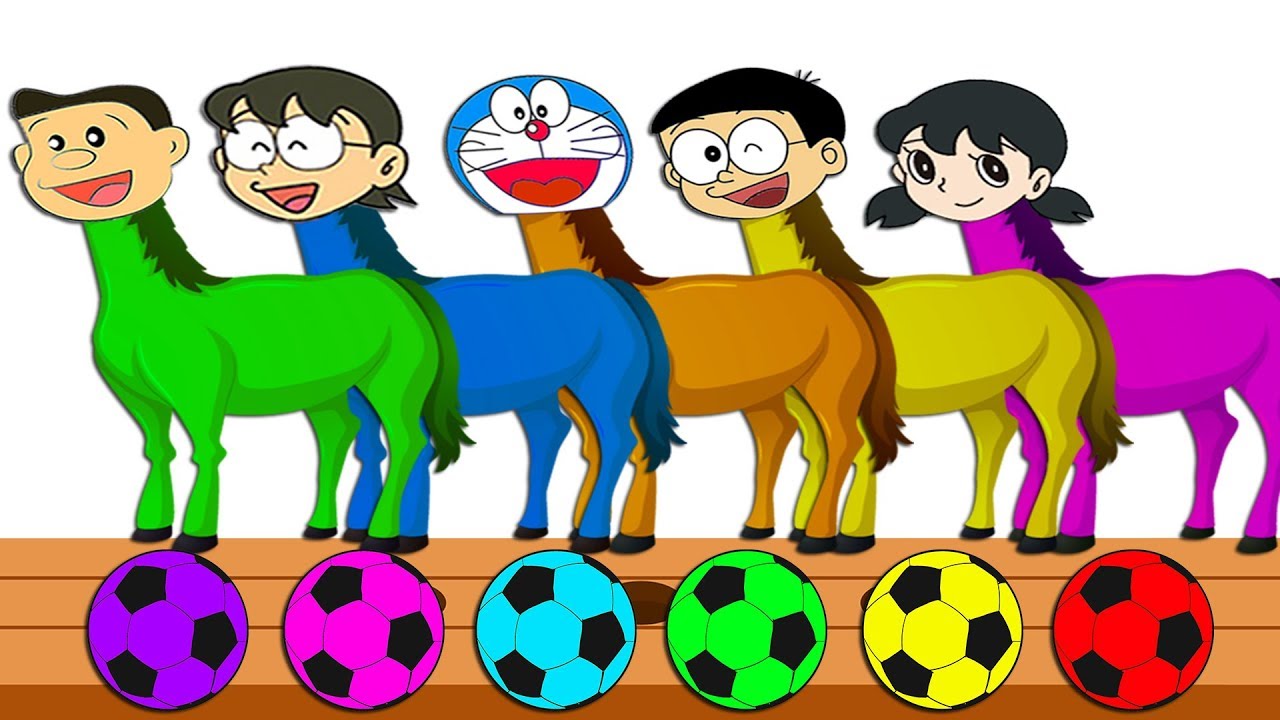 Learn Colors Nursery Rhymes with HORSE and Soccer Balls Doraemon Nobita ...