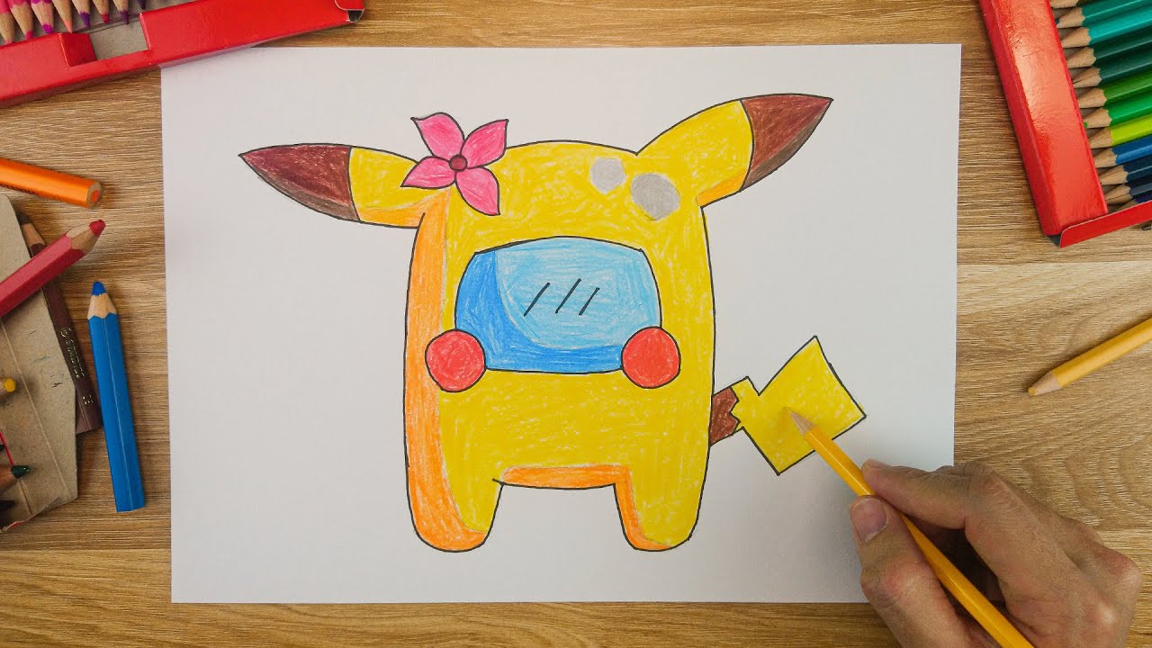 How To Draw AMONG US + PIKACHU POKEMON CUTE | Simple Cartoon Drawing ...