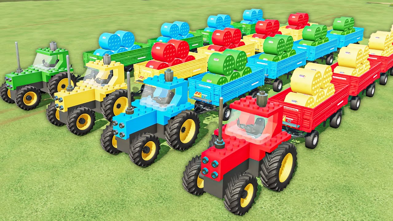 ROAD TRAIN OF COLORS! LEGO BRICK BALES MAKING AND TRANSPORT! ROUND ...