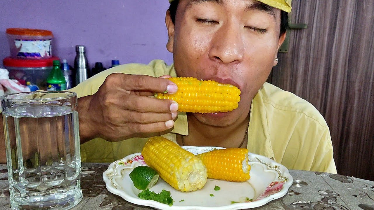 Eating Nepali Style Boiled Maze Mukbang | 3 Boiled Maze With Nun ...
