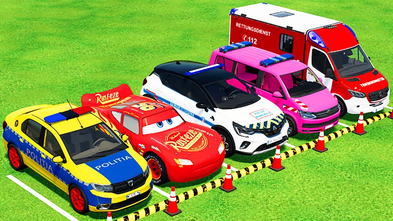 POLICE CARS, AMBULANCE EMERGENCY, FIRE BRIGADE TRANSPORTING WITH TRUCKS ...