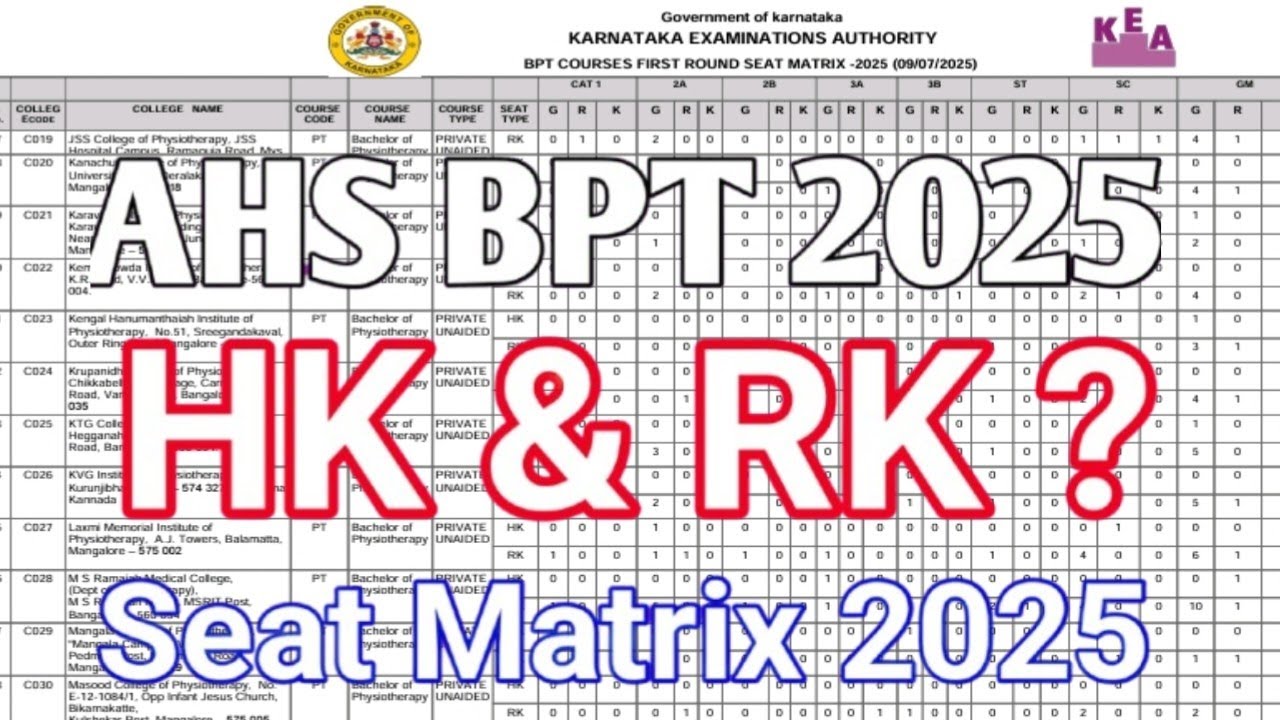 Hk and rk full form kcet 2025 l AHS BPT Seat Matrix 2025 - YouTube