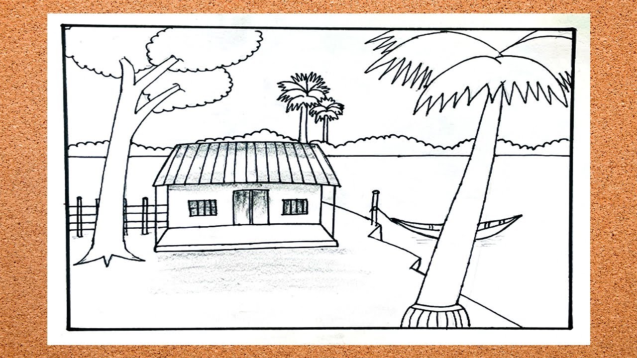 How to draw a village home | Drawing village scenery | Village drawing ...