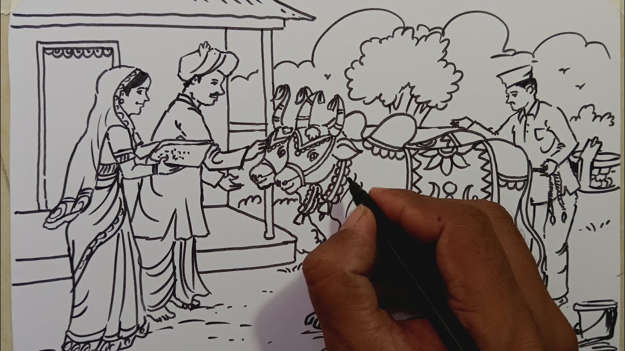 Bail Pola drawing/How to draw Bail Pola/pongal Indian festival ...