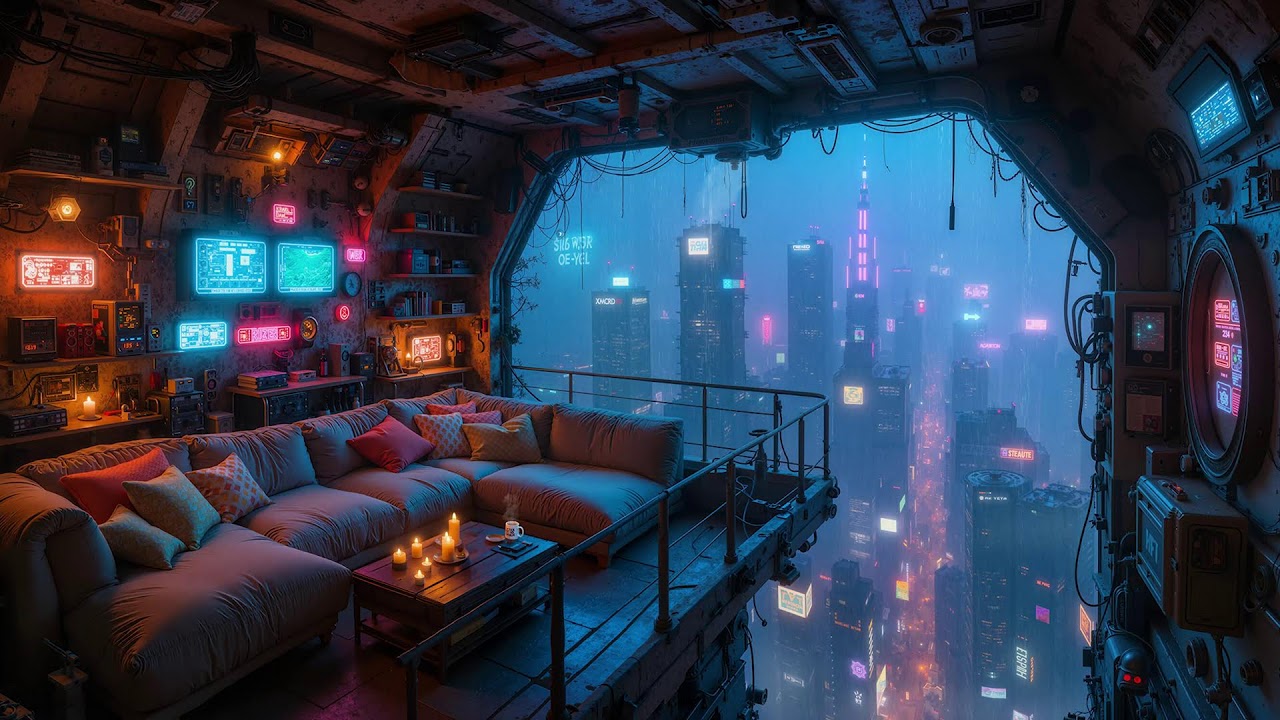 🎵 Rainfall Sci-Fi Ambience: Lost in the Glow of a Cyber Balcony ...
