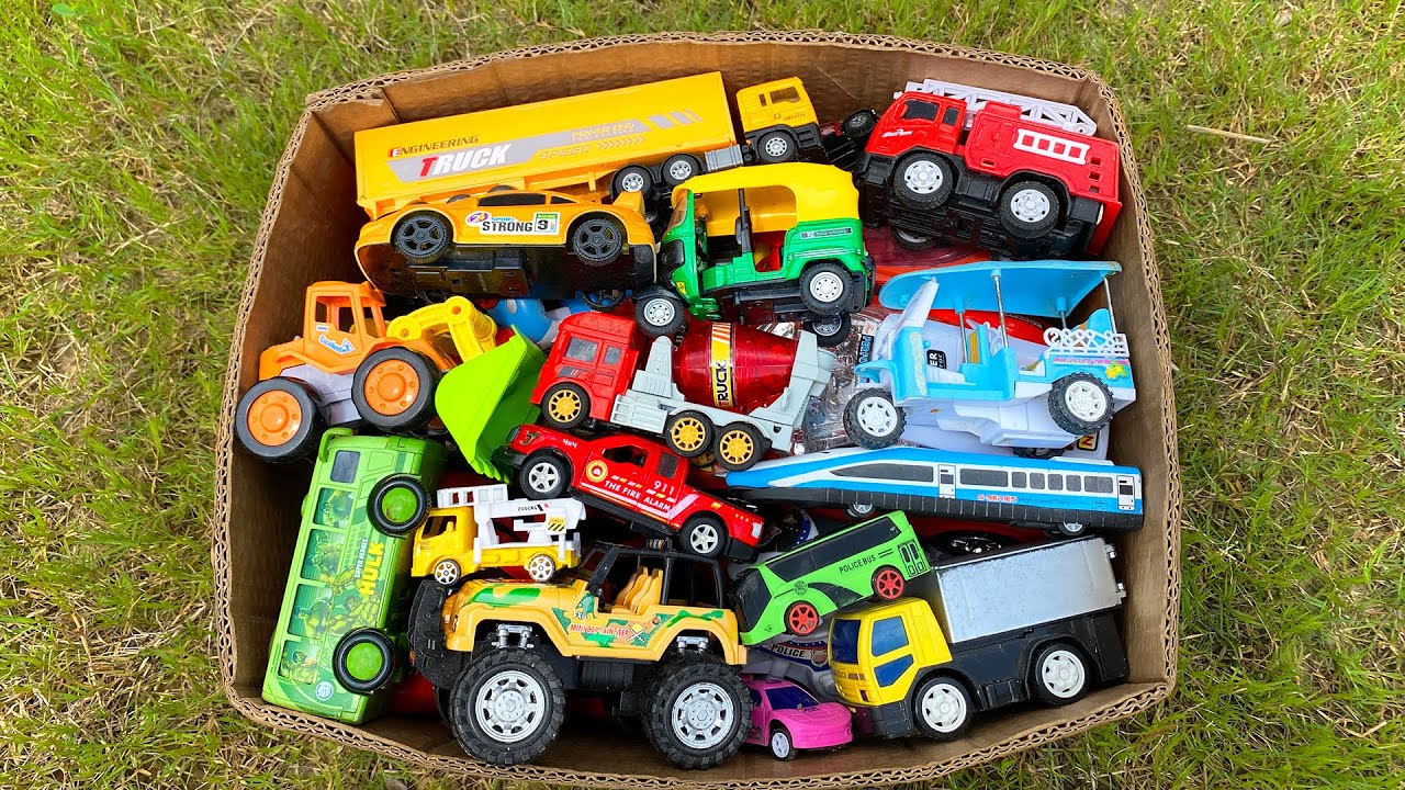 Box full of Attractive Toy Vehicles | Bulldozer, Container Truck, CNG ...