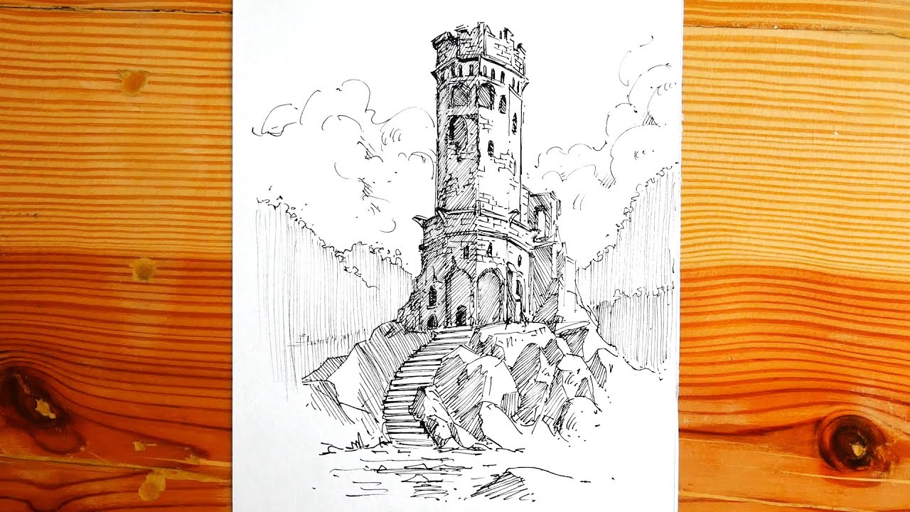 How to draw an Old Tower || Easy scenery drawing for beginners - YouTube