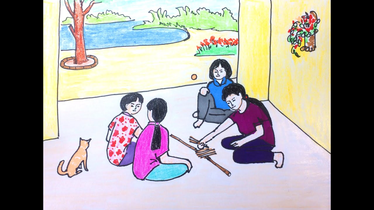 Vẽ tranh đề tài trò chơi dân gian /Chơi chuyền ( chơi Banh đũa ...