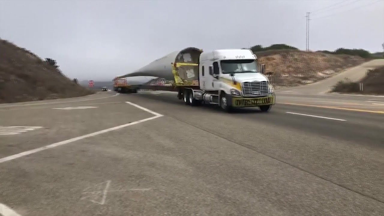Trucks that will carry giant wind turbines to Lompoc conduct morning ...
