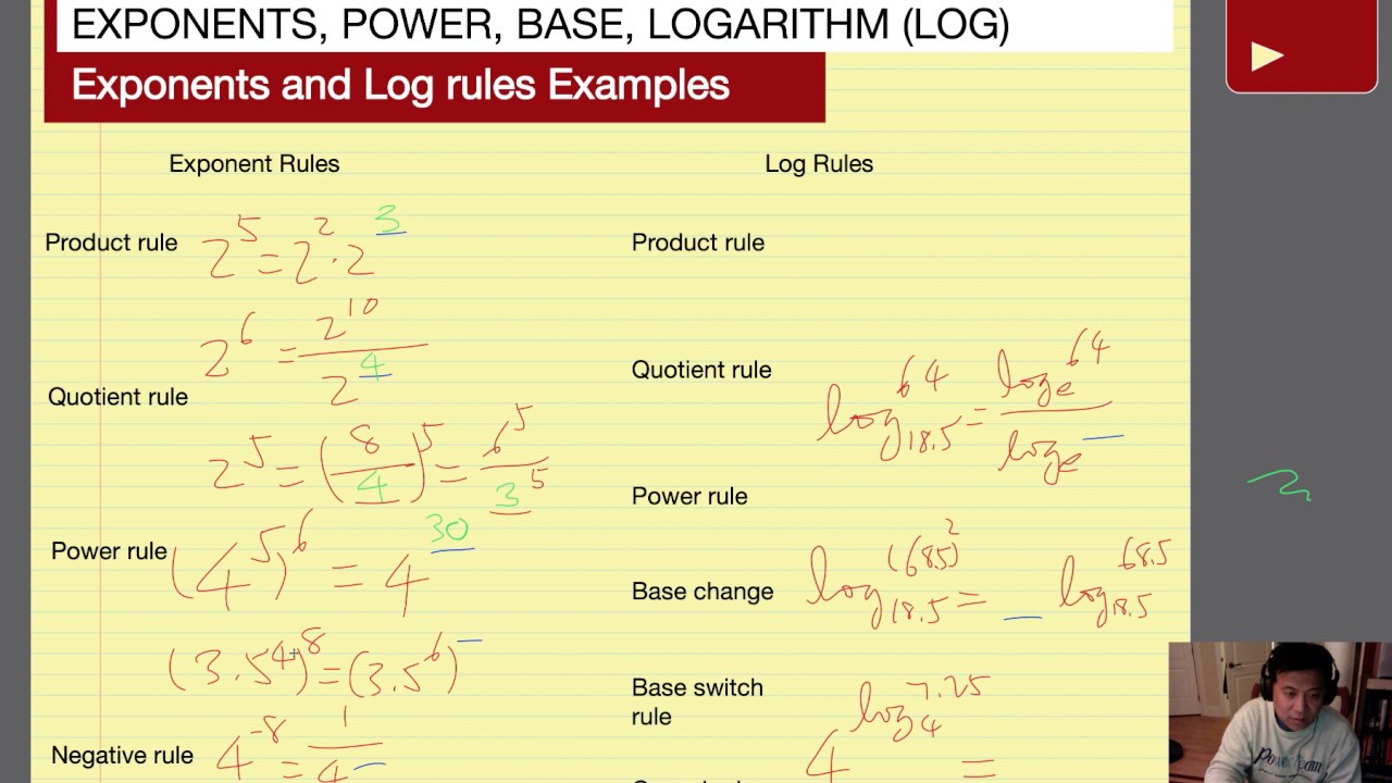 Exponents and Log rules High School Algebra examples 1 - YouTube