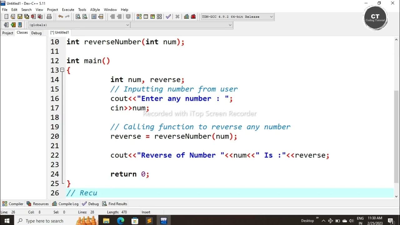 Write C Program To Find Reverse Of A Number Using Recursion Codingtutorial Youtube