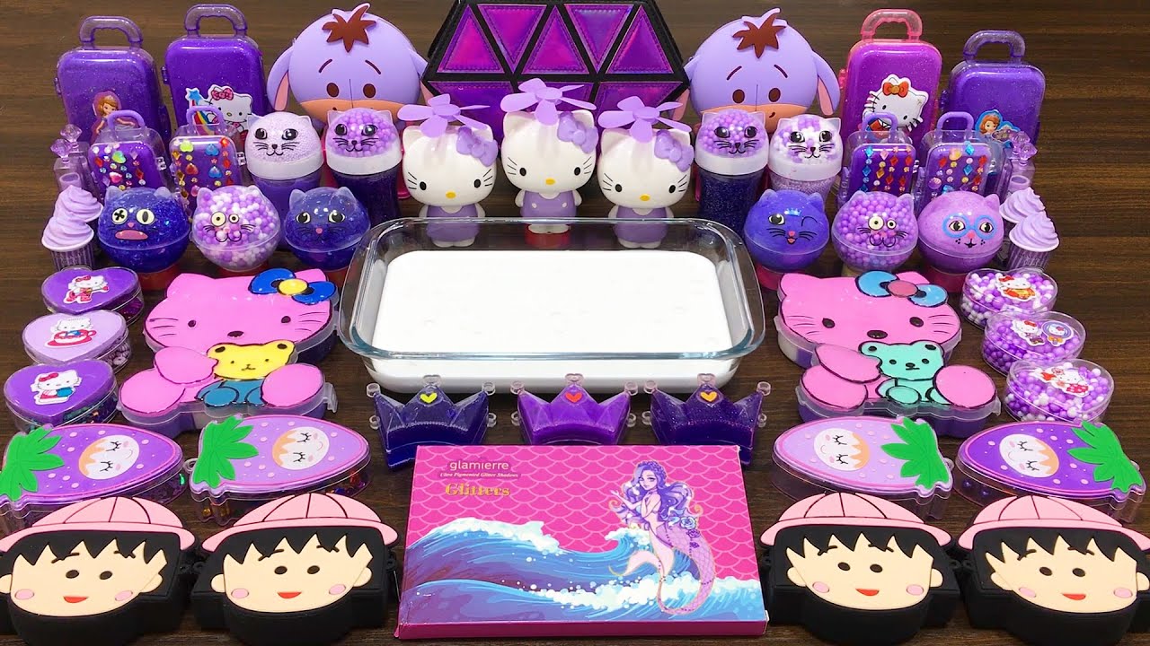 Series Purple HELLO KITTY Slime! Mixing Random Things into GLOSSY Slime ...
