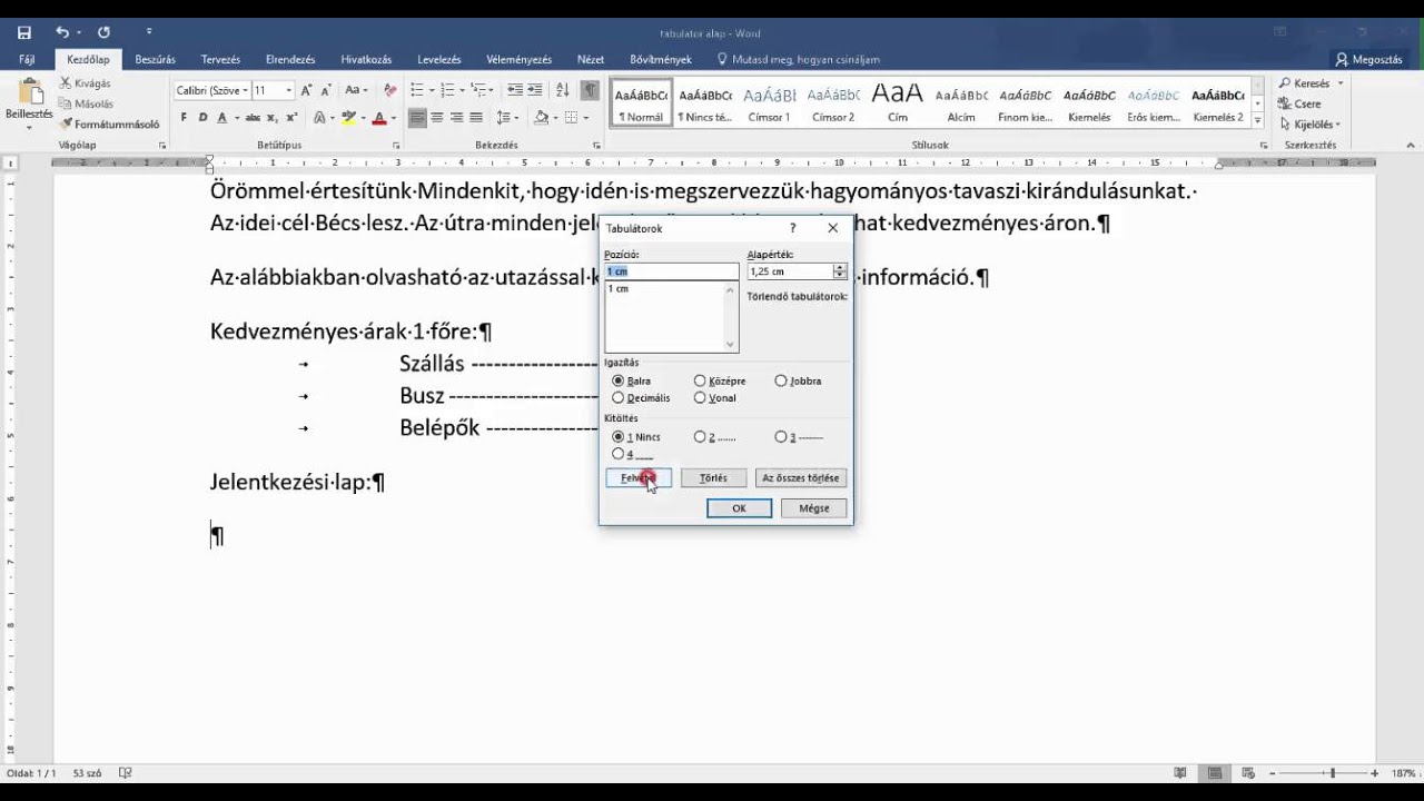 Microsoft Word 2016 oktatóvideó - tabulátorok használata - YouTube