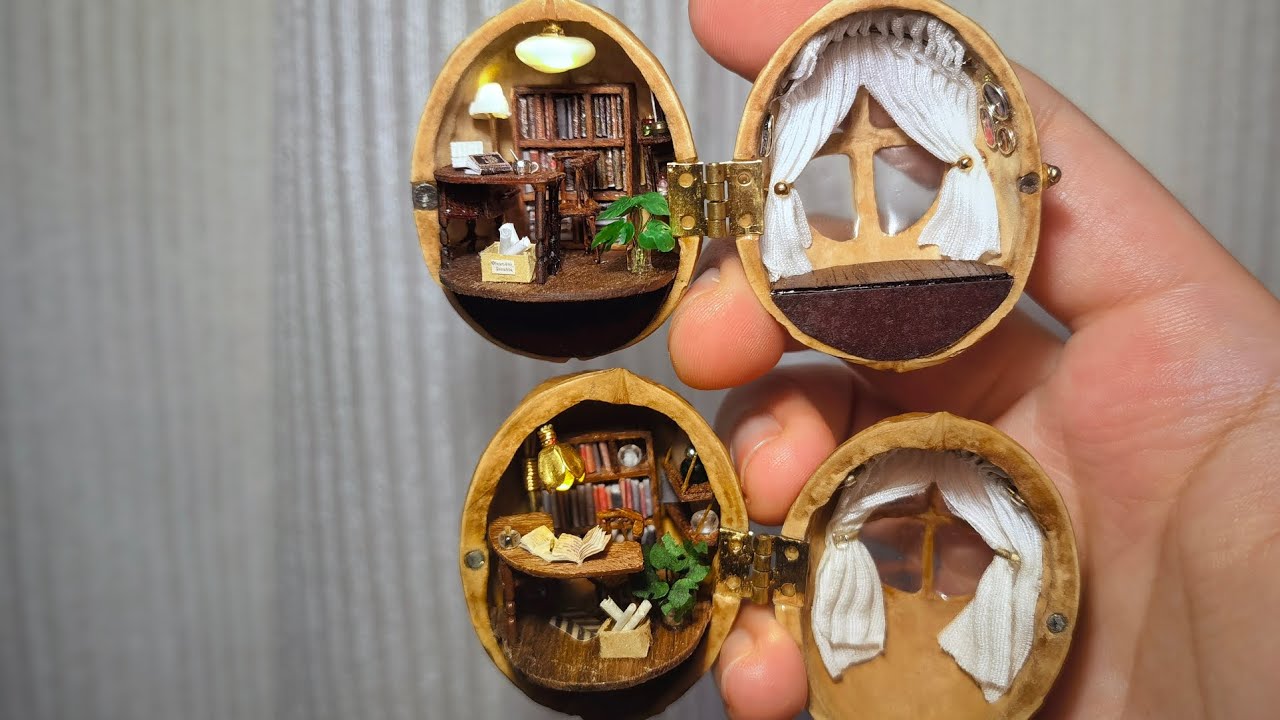 DIY miniature house with walnut shell︱核桃小屋一升级书房 - YouTube