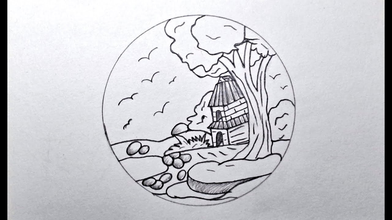 Drawing of a House in a Landscape Next to a Tree - YouTube