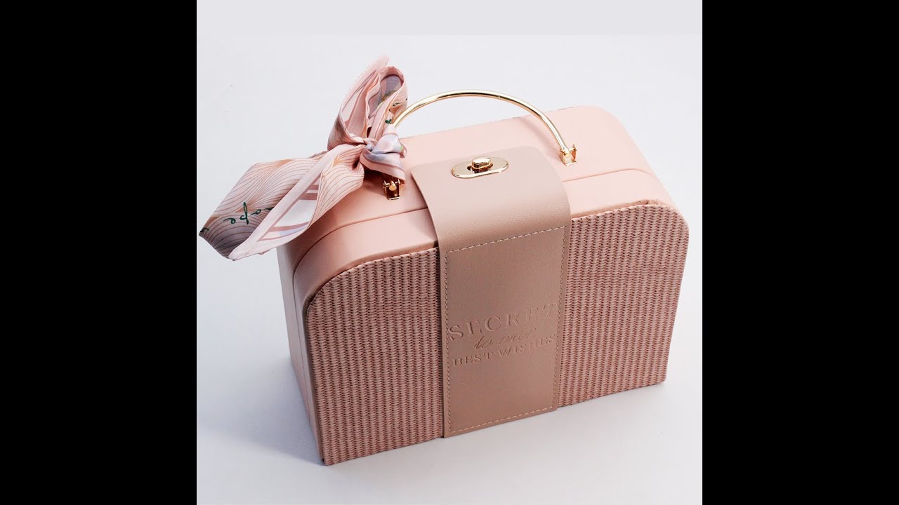 leather pink gift box with ribbon with ribbon and handle - YouTube
