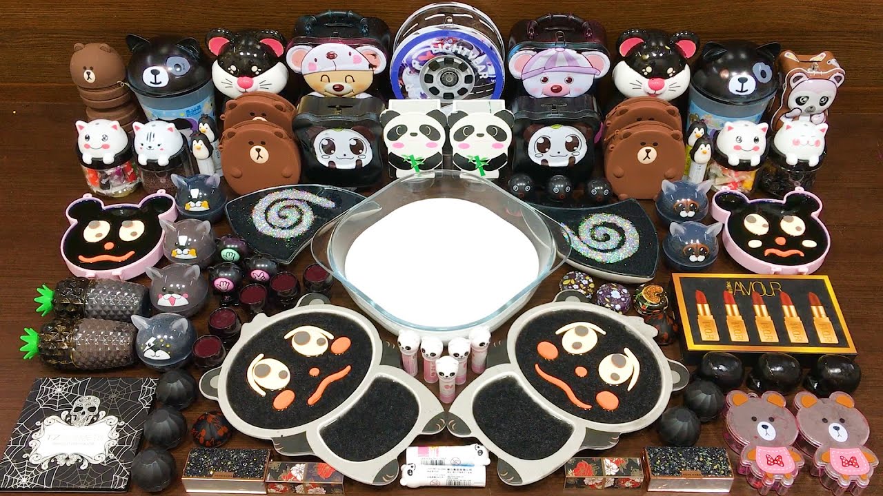 PANDA BLACK Slime ! Mixing Random Things into GLOSSY Slime ! Satisfying ...