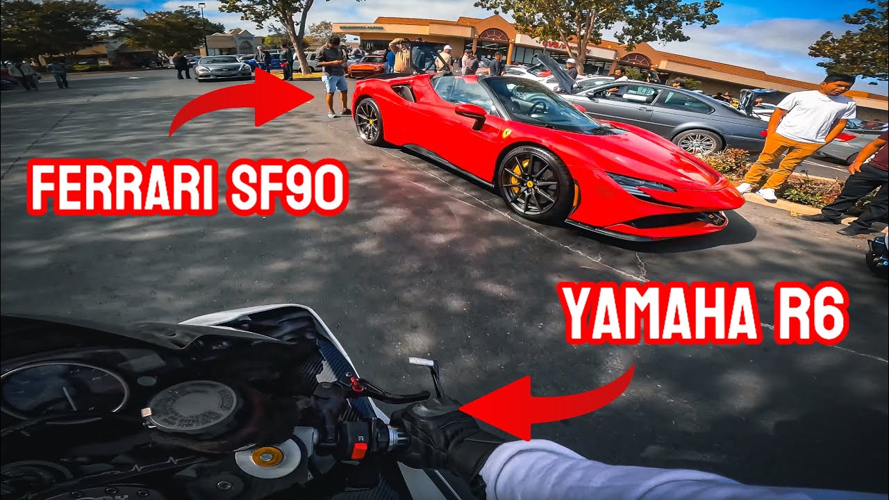 FERRARI SF90 SHOWS UP TO A LOCAL CAR MEET | YAMAHA R6 - YouTube