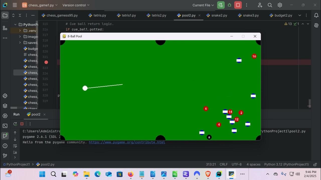 8 ball pool game Using Chat Gpt4o 03 mini high in Python using Pycharm ...