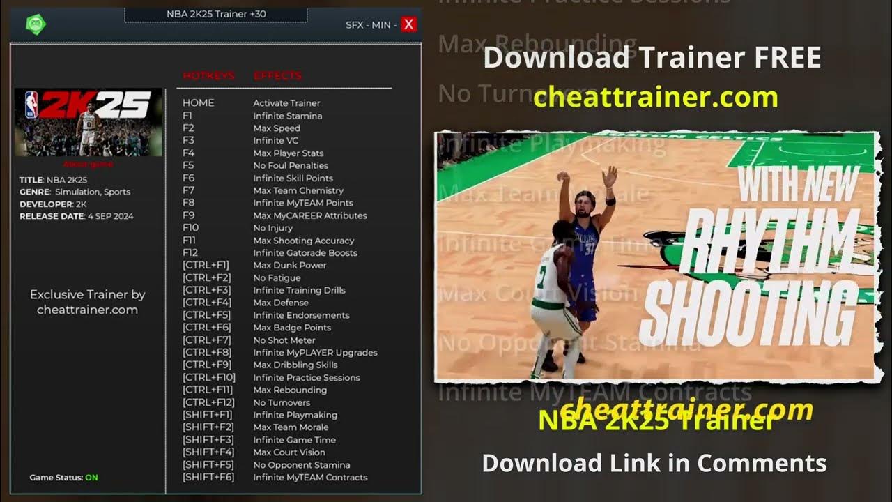 NBA 2K25 Trainer Cheats +30 – Infinite Stamina, Max Player Stats, Infinite VC - YouTube