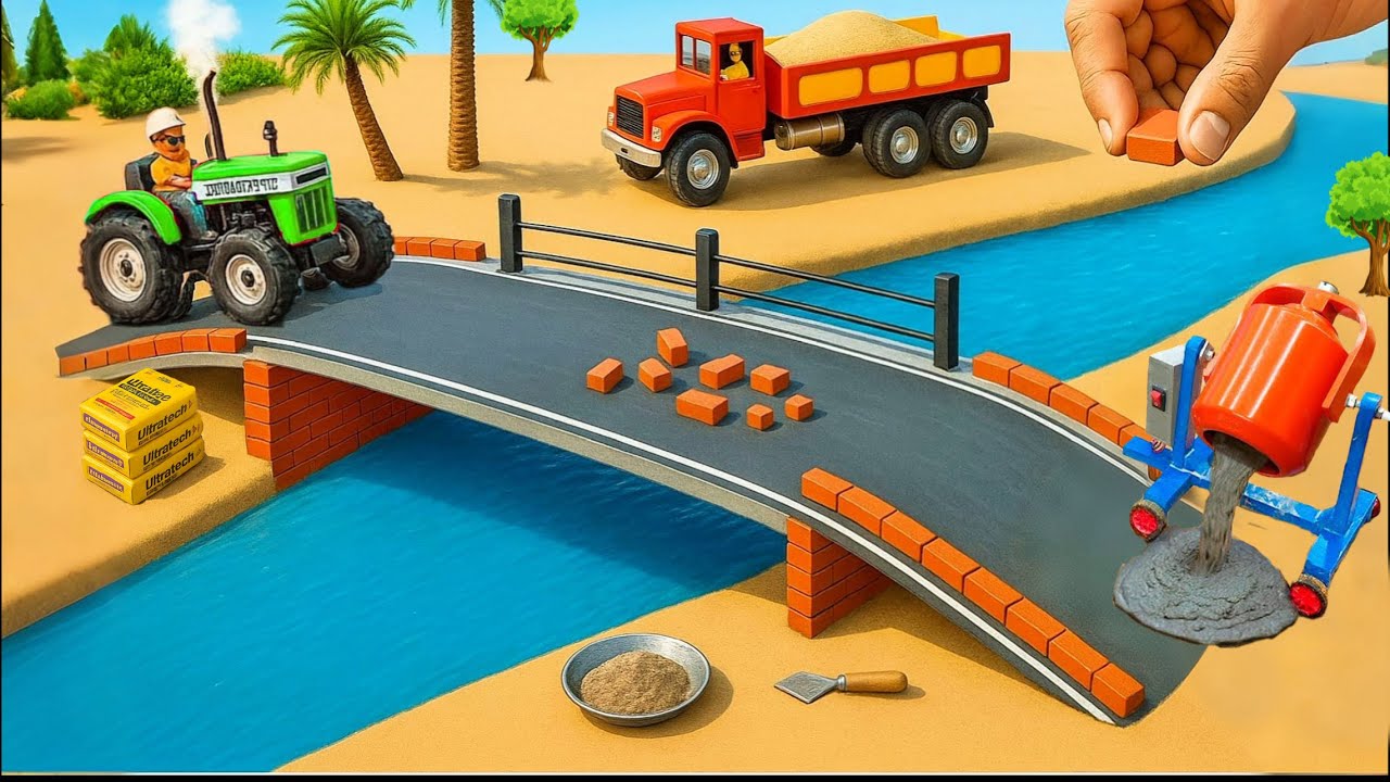 DIY Mini Truck Builds Brick & Metal Railing Bridge | Fun Construction ...