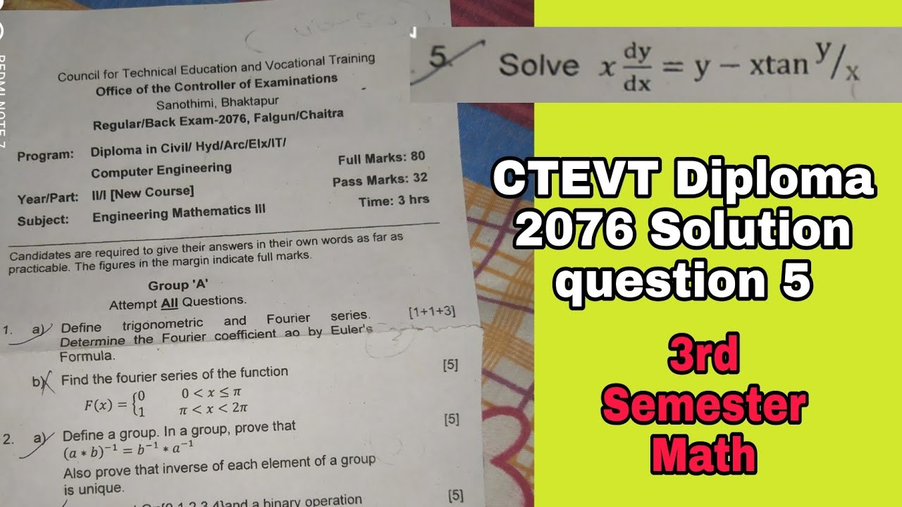 CTEVT Diploma 2076 question paper of Math Solution || 3rd Semester ...